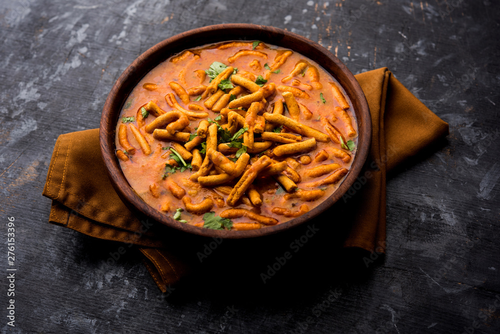Dhaba style Sev bhaji/sabzi/curry made in tomato curry with gathiya ...