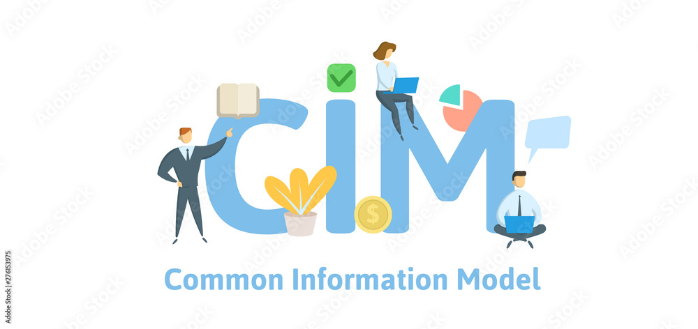 CIM, Common Information Model. Concept with keywords, letters and icons ...