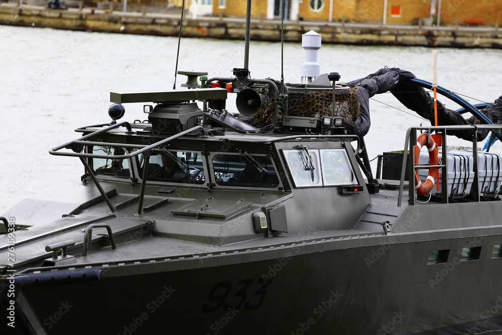 Navy day showing combat boats, automatic guns, UAV, drone, warships ...