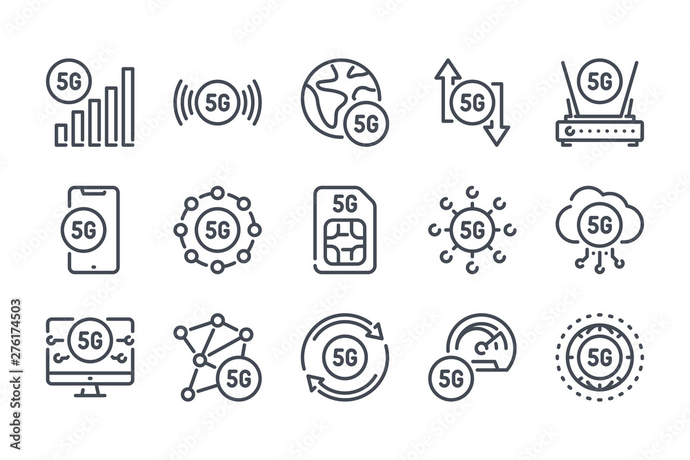 5g network related line icon set. High speed internet connection linear ...
