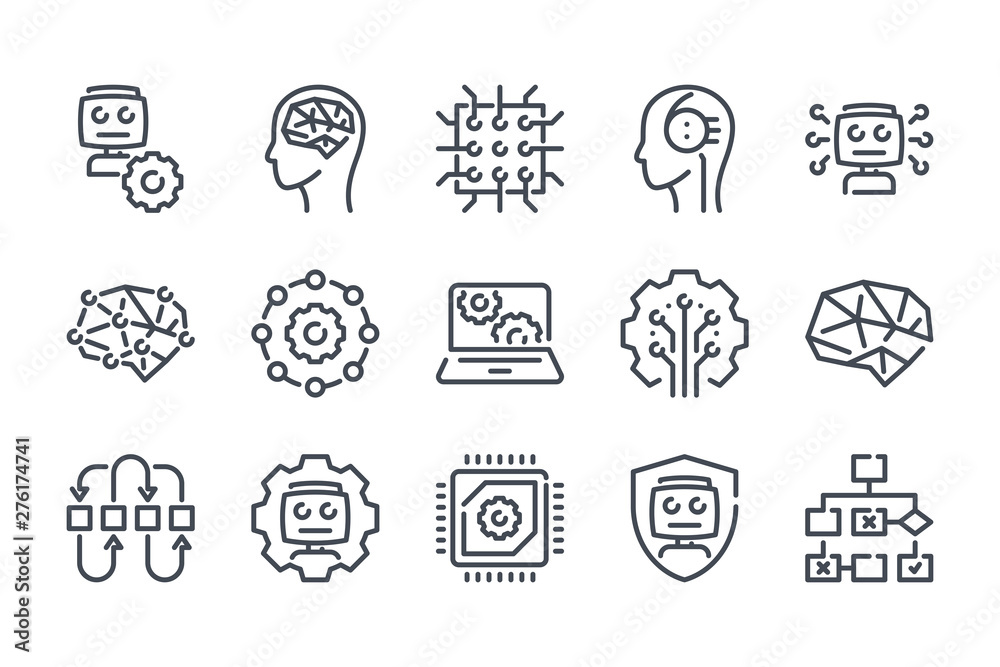 Artificial Intelligence related line icon set. Machine learning and ...