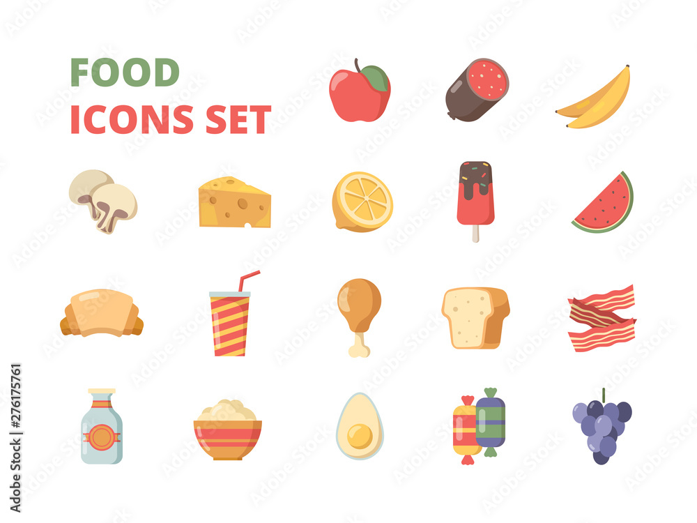 Food icon. Fruits meat milk supermarket products fresh healthy food ...