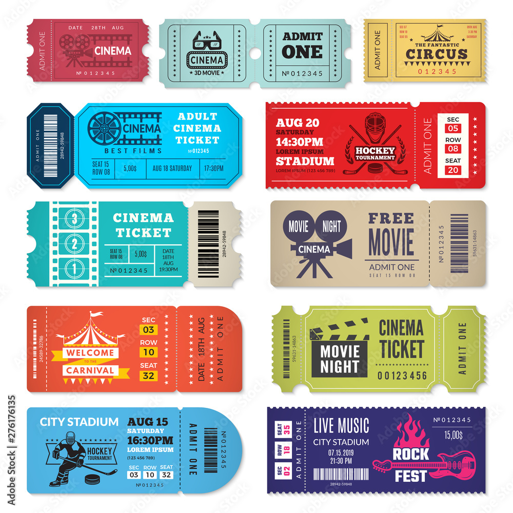 Tickets template. Events entrance tickets in cinema theater circus show ...