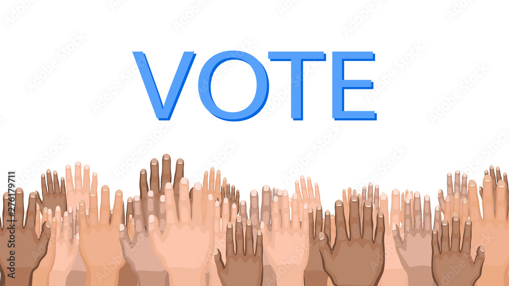 Diversity of human hands on a white background with blue inscription ...