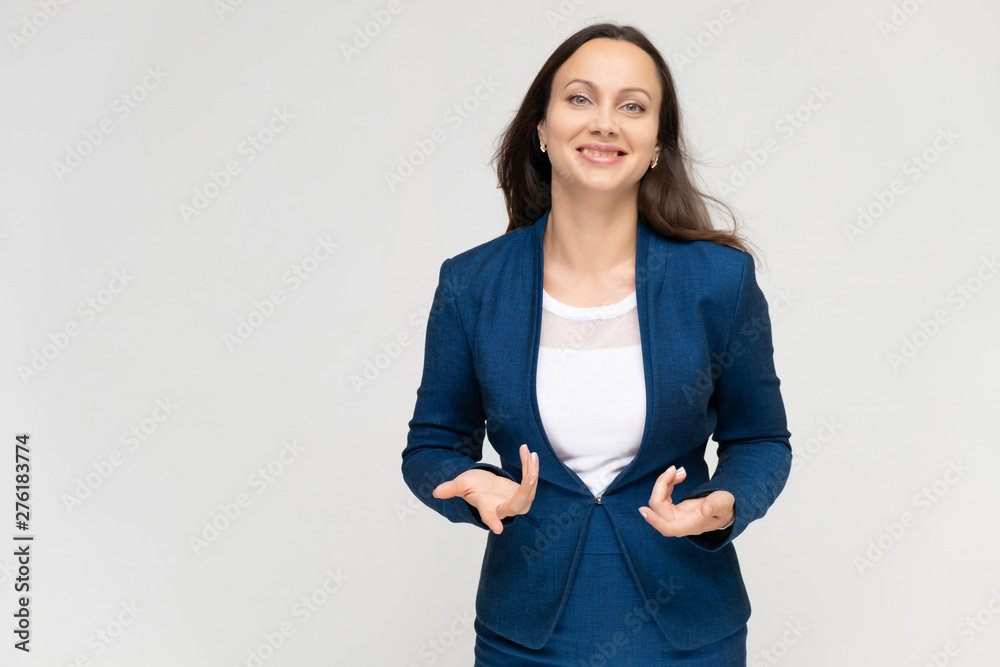 Portrait to the waist a young pretty brunette manager woman of 30 years ...