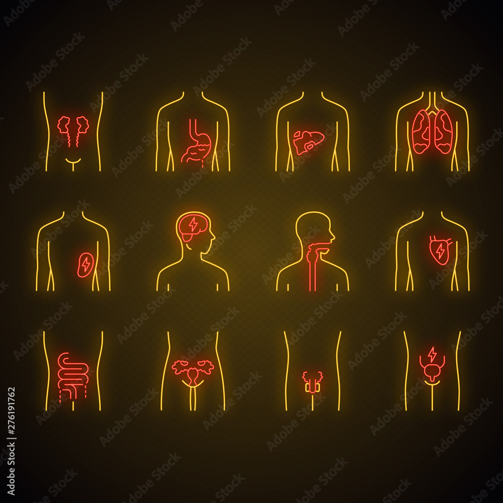 Ill human organs neon light icons set. Sore heart and lungs. Aching ...