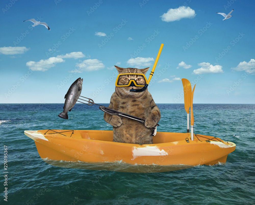 The cat underwater hunter in uniform with a speargun catched a big fish ...