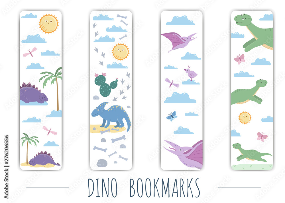 Vector set of cute bookmarks with cute colorful dinosaurs. Sweet ...