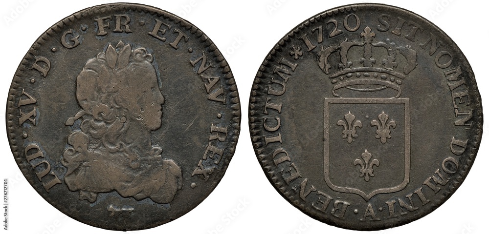 France French silver coin 20 twenty sols 1720, young bust of King Louis ...