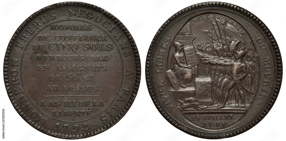 France French bronze coin 5 five sols 1792, First Republic, issued by ...