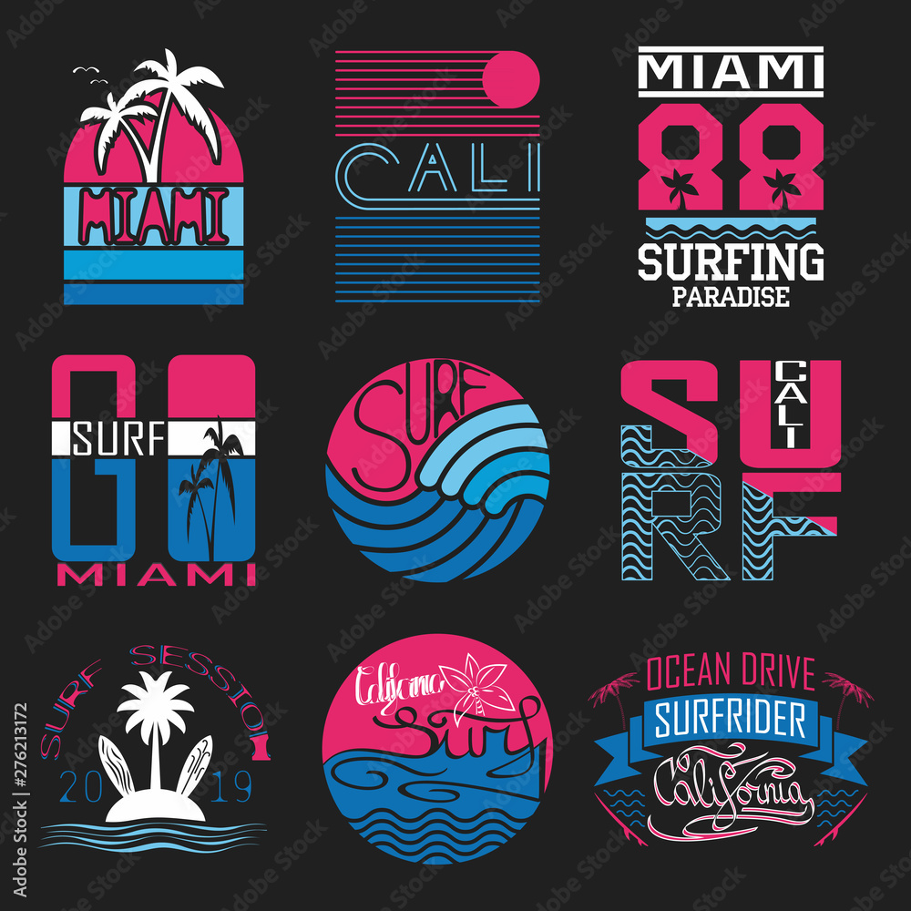 Set of vector images of t-shirts with summer and surf themes. Surfing ...