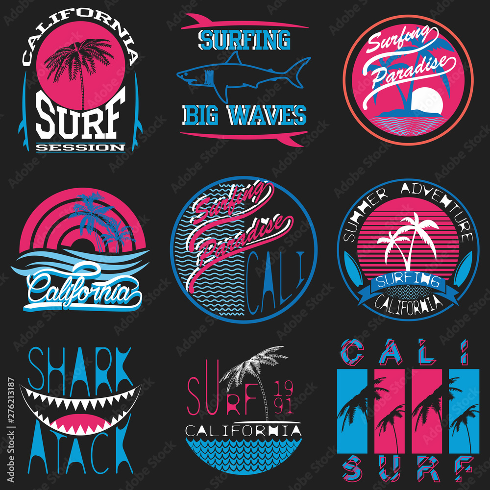 Set of vector images of t-shirts with summer and surf themes. Surfing ...