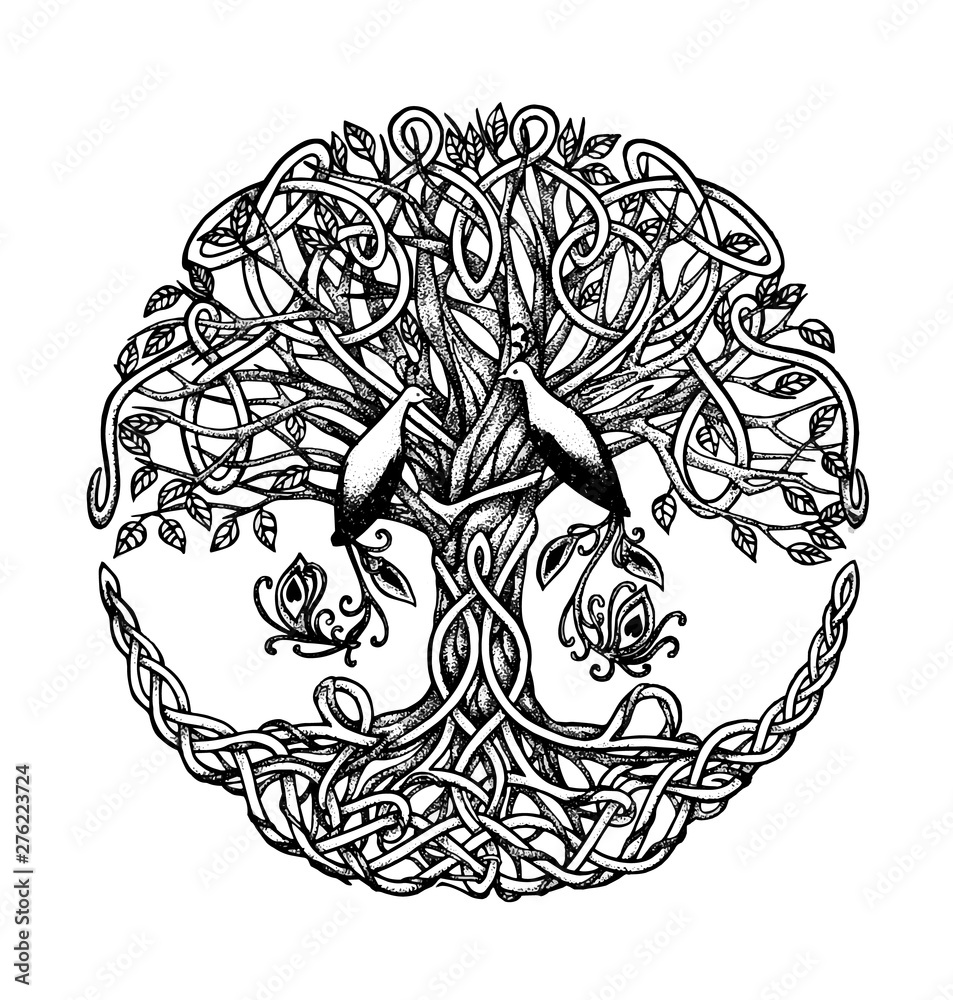 Celtic tree with roots and birds Stock Vector | Adobe Stock