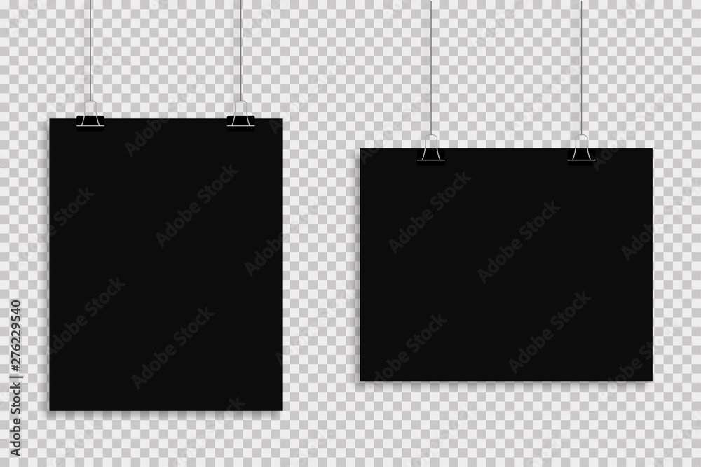 Black realistic posters hanging on transparent background with shadows ...