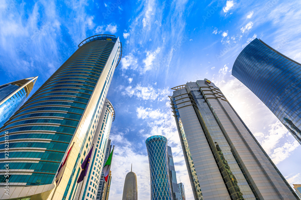 Low angle view of Al Fardan Towers complex and Doha Tower, iconic ...