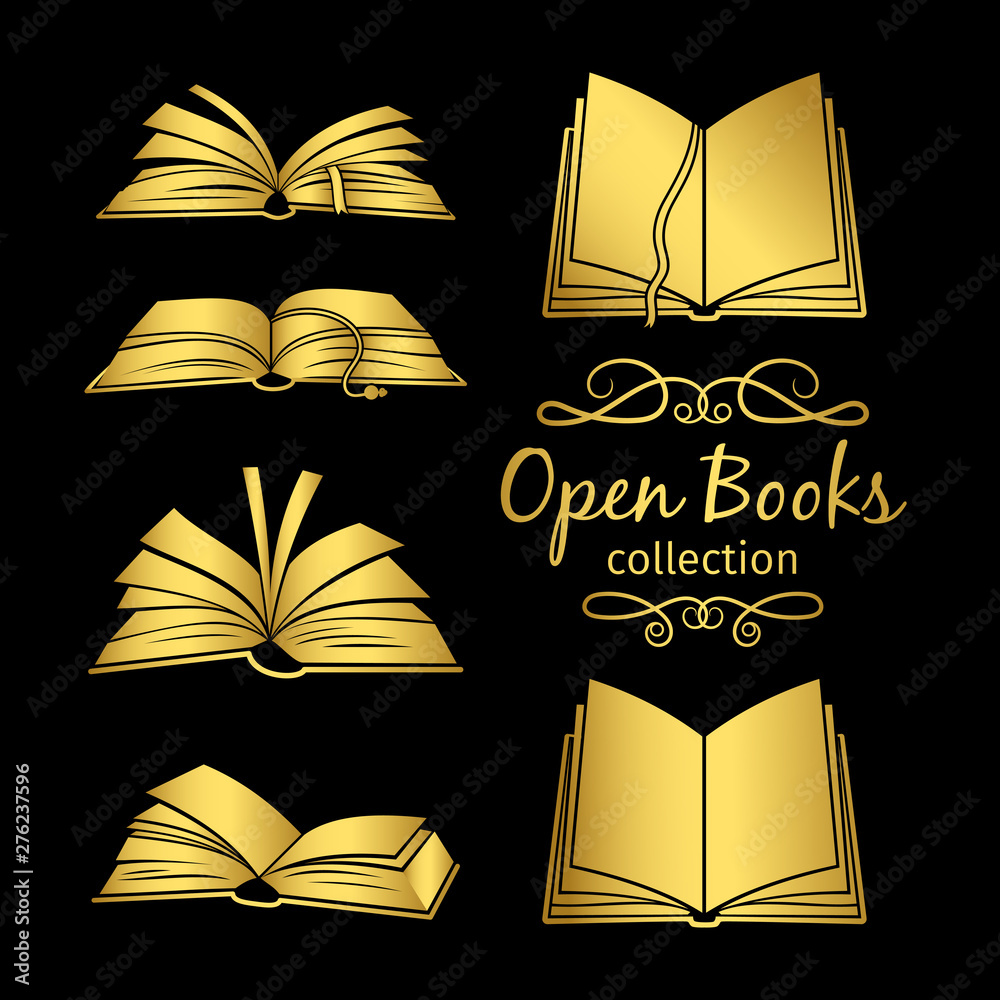 Golden open books icons vector isolated on black background Stock ベクター ...