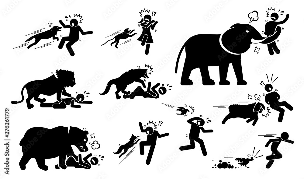 Animals attack human icons signs symbol. Illustrations depict angry and ...