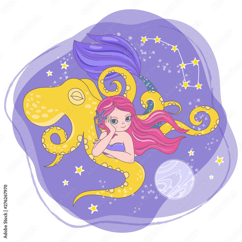 MOON OCTOPUS Mermaid Space Cartoon Cosmos Galactic Universe Princess ...