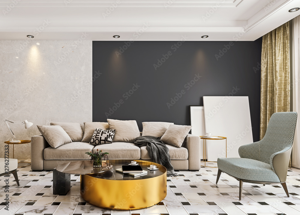 Modern interior design of living room with marble flooring and large ...