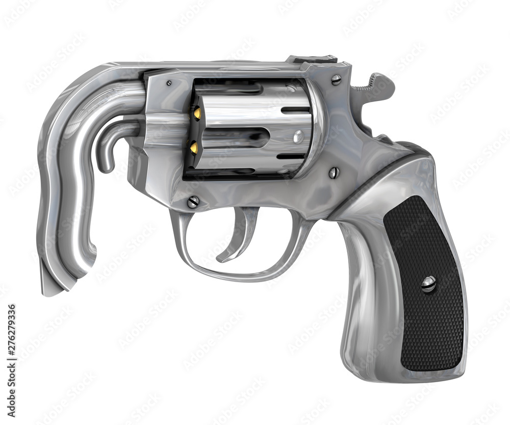 Revolver with the barrel drooping, on a white background. This gun is a ...