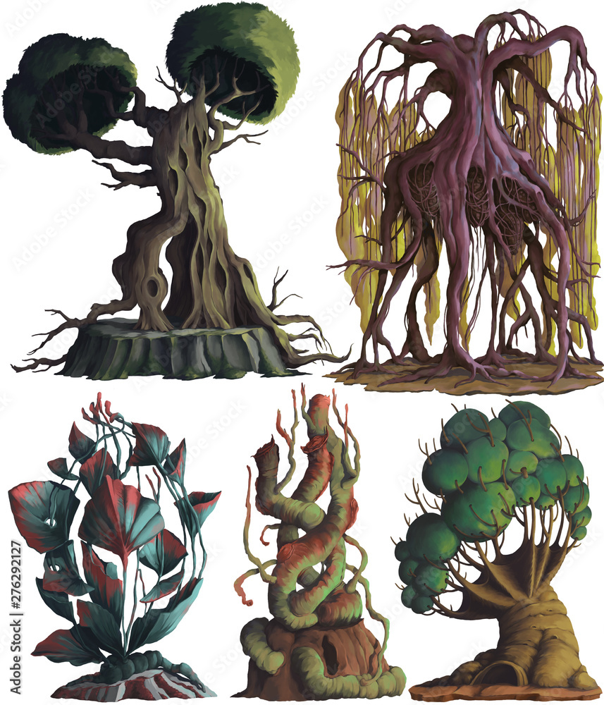 Fantasy trees and plants set. Concept design digital art. Isolated on ...