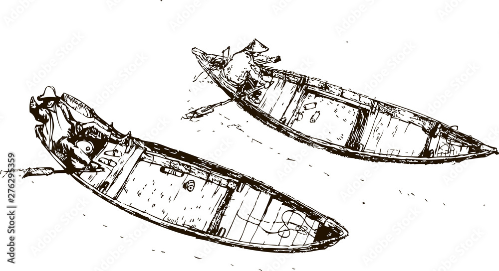 Vietnamese fishermen in boats on the river vector sketch Stock Vector ...