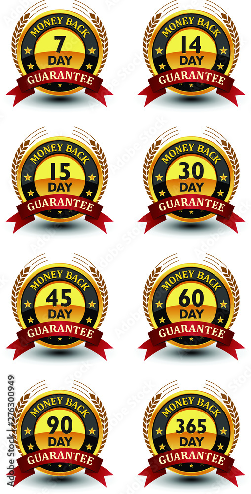 Powerful money back guarantee badge, seal, sign, label set with red ...