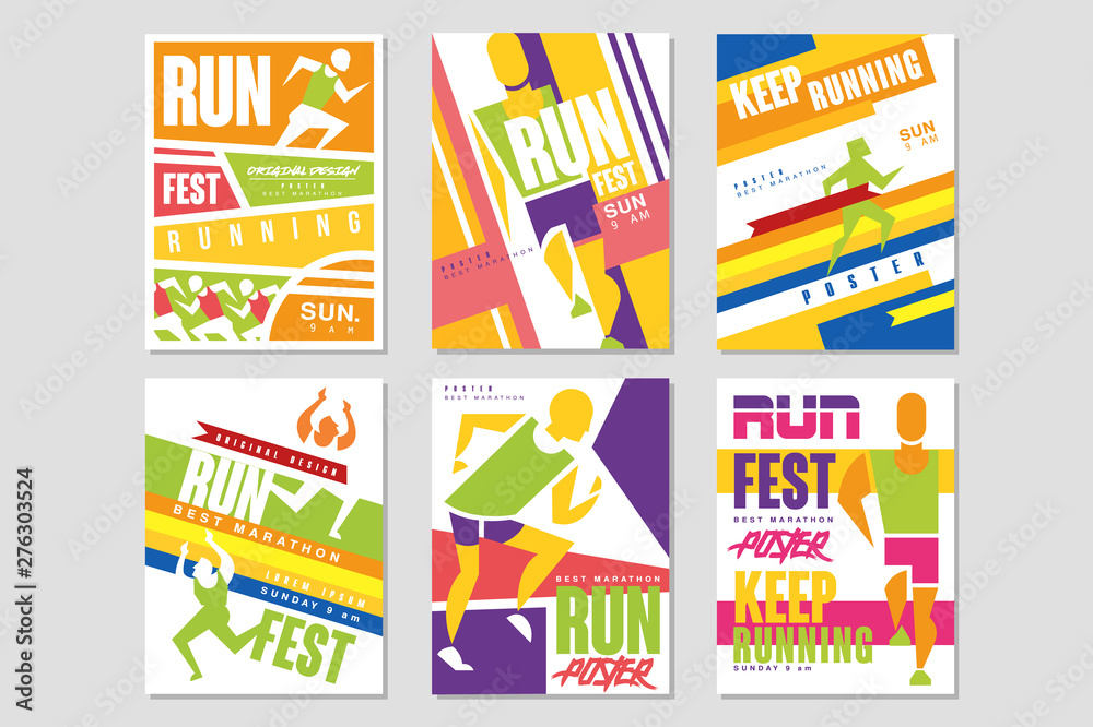 Run fest posters set, running marathon, sport and competition colorful ...