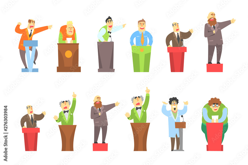 Cartoon men characters giving speech from tribune. Public speakers ...