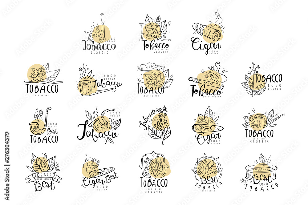 Tobacco logo design set, emblems can be used for smoke shop, gentlemens ...