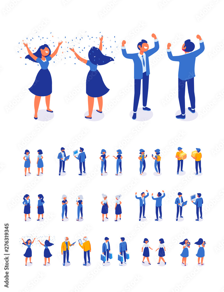 Different isometric people, men and women 3D - front and back view ...