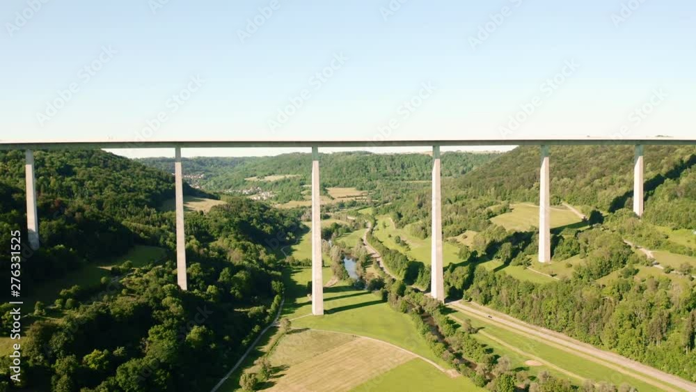 Aerial rising shot of the tallest bridge in Germany, the Kochertal ...