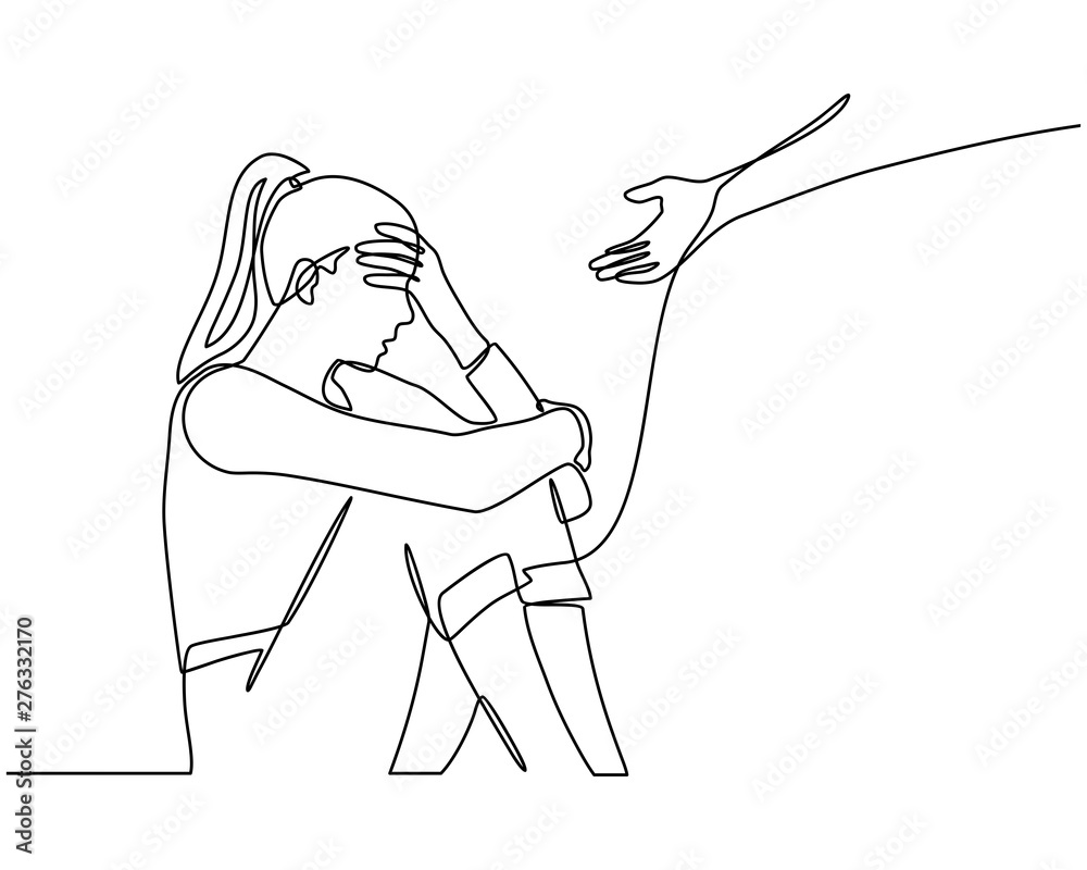 Continuous line drawings of young woman feeling sad, tired and worried ...