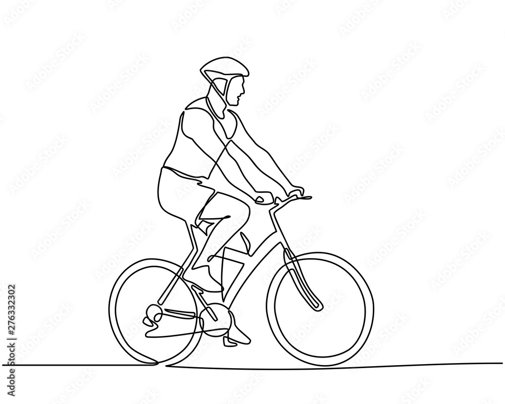 Continuous line drawings of Cyclist riding a bicycle isolated against ...