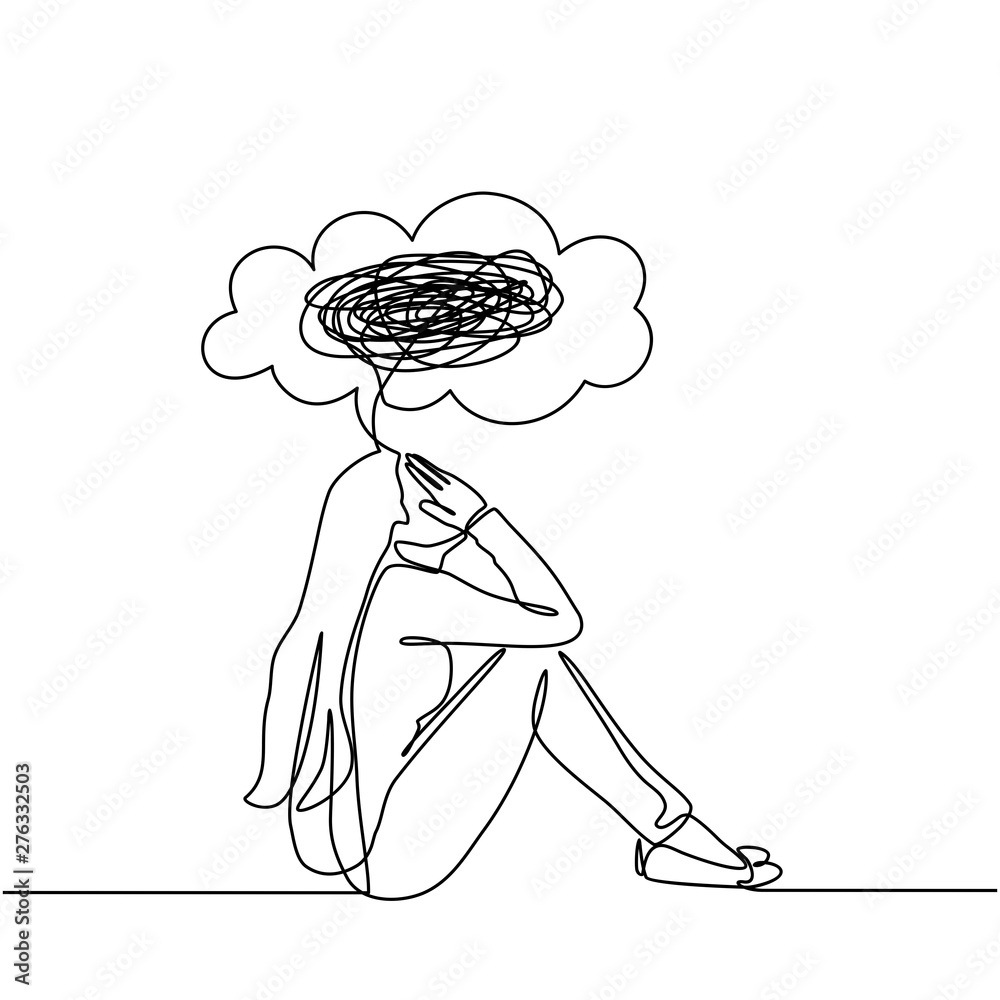 Continuous line drawings of young woman feeling sad, tired and worried ...