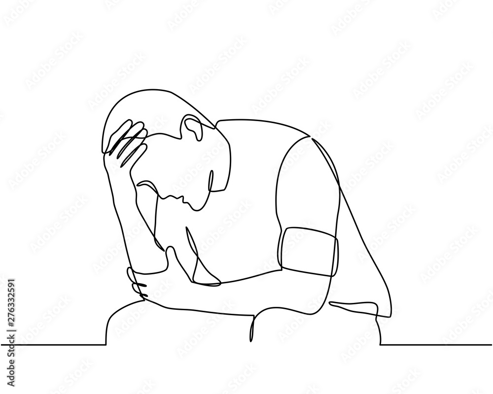 Continuous line drawings of man feeling sad, tired and worried about ...
