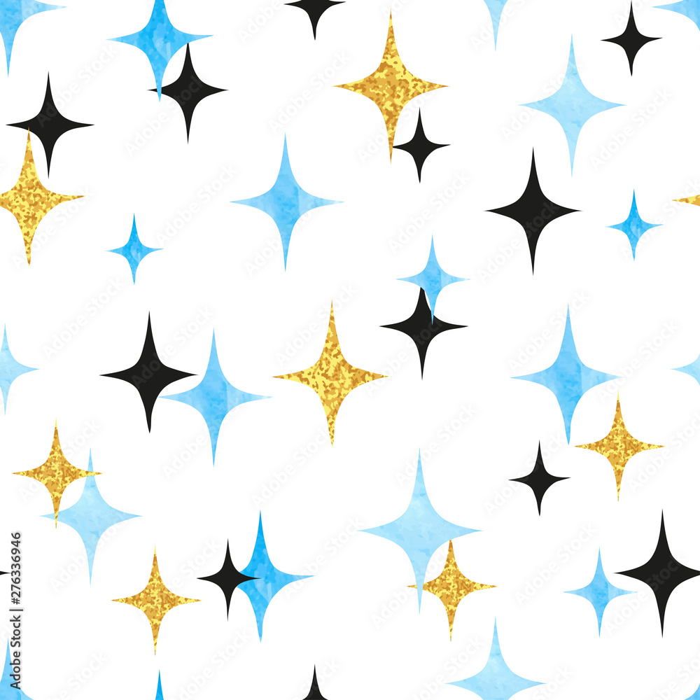 Seamless starburst pattern. Vector abstract blue and golden stars ...