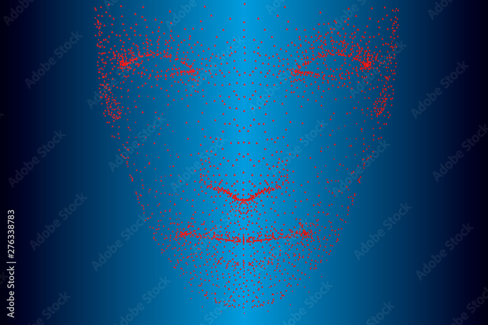 Projection of the face of a person consisting of red dots. Front view ...