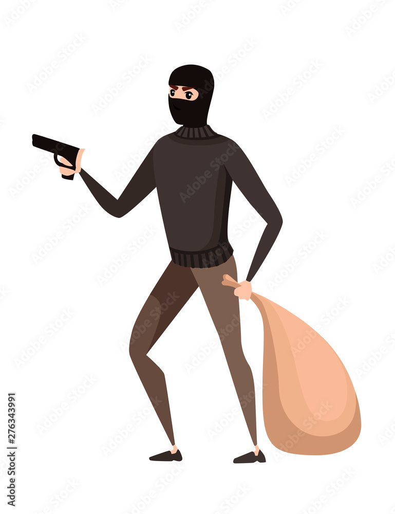Thief during robbery holding bag in one hand and pistol in another hand ...