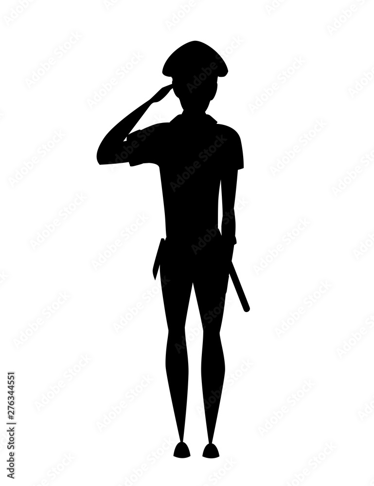 Black Silhouette Police Officer Saluting Cartoon Character Design Flat