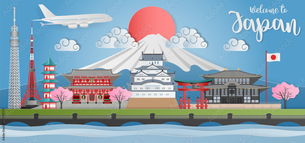 Japan landmark travel banner with Himeji castle, Asakuza Sensoji ...