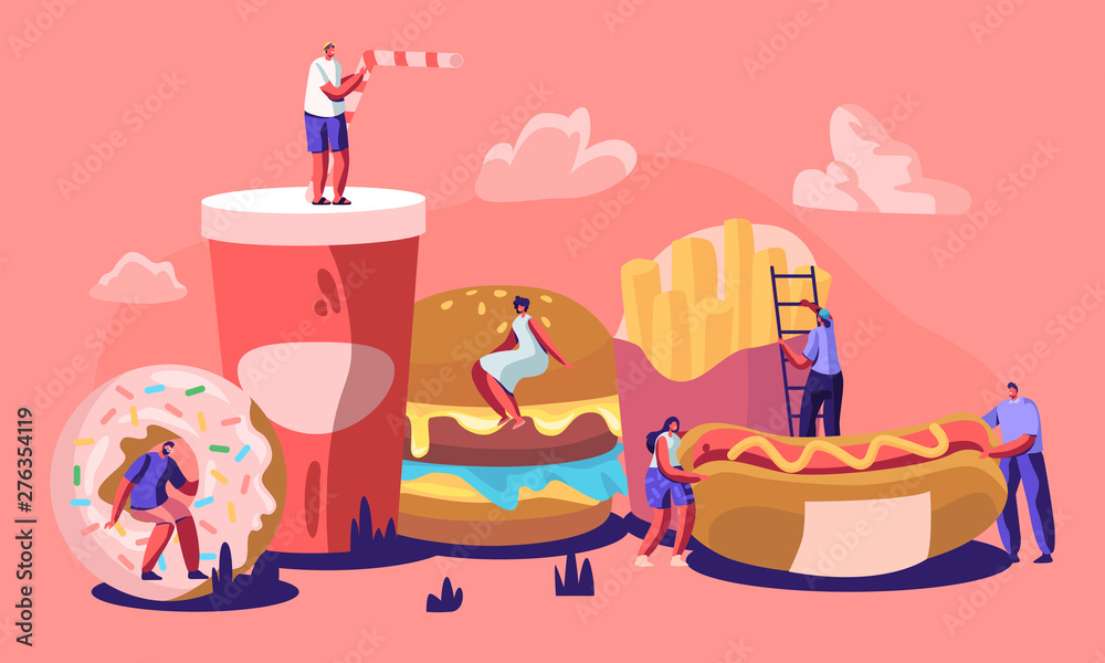 Tiny Male and Female Characters Interacting with Fastfood. Huge Burger ...