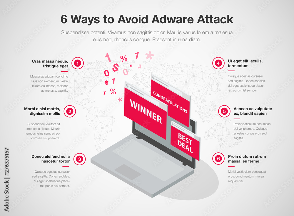 Simple infographic for 6 ways to avoid adware attack template, isolated ...