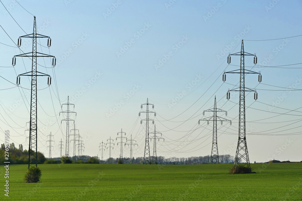 High voltage 110kV distribution corridor with safe zone, electric lines ...