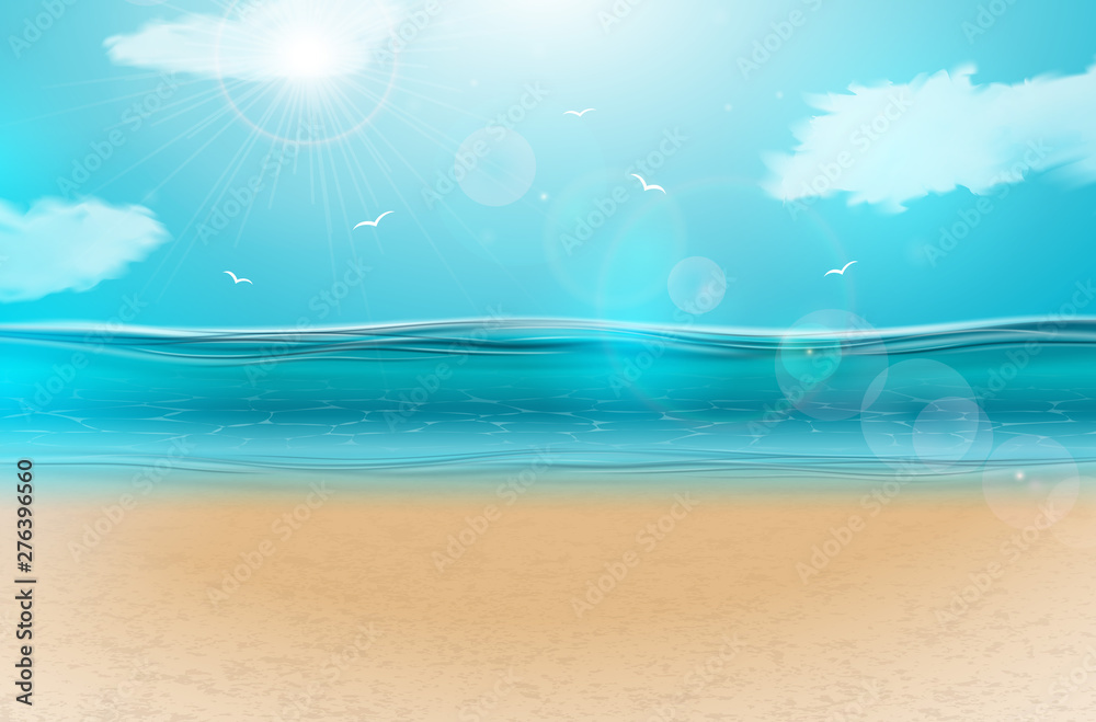 Vector blue ocean landscape background design with cloudy sky. Summer ...