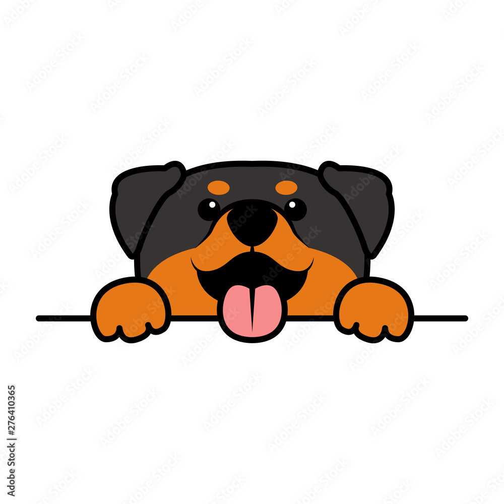 Funny rottweiler dog paws up over wall, dog face cartoon, vector ...