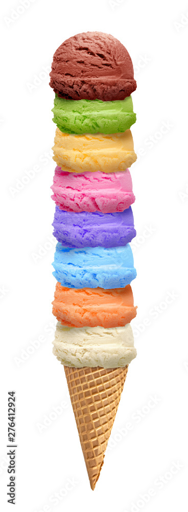 Poster Eight different flavor ice creams with cone isolated on white ...