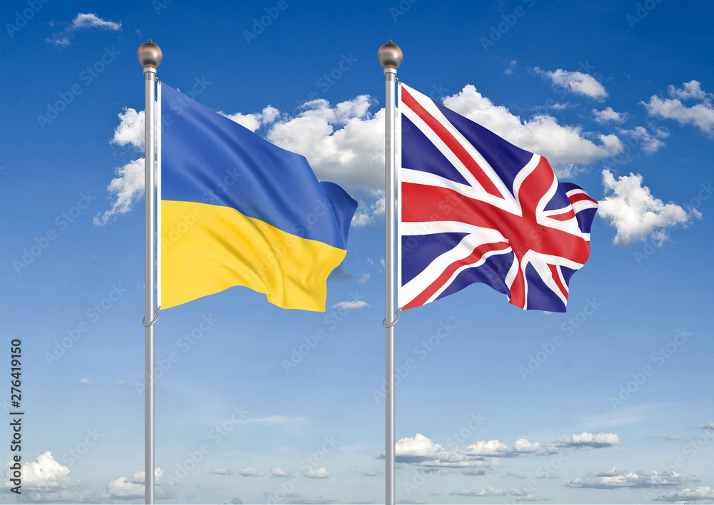Ukraine vs United Kingdom. Thick colored silky flags of Ukraine and ...