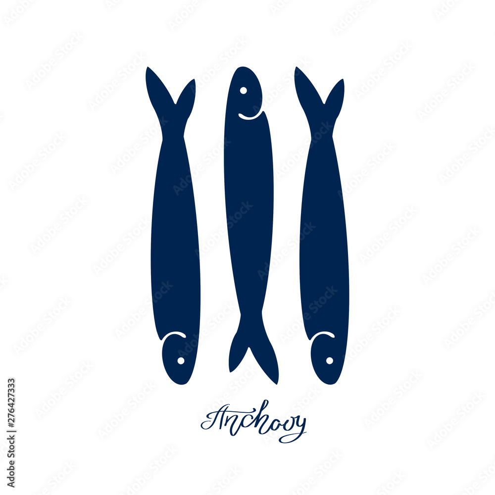 Hand Drawn blue color illustration a group of anchovy fish and ...