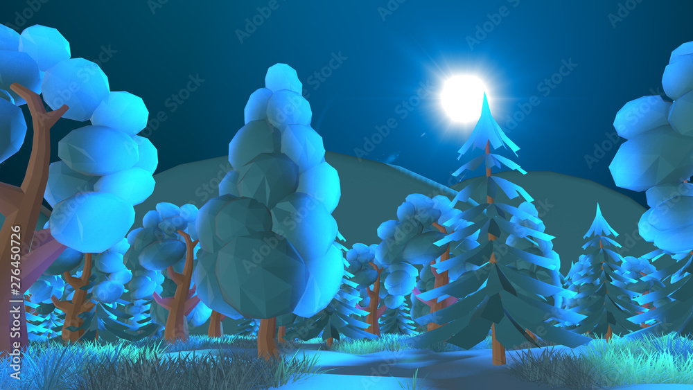 Conceptual low poly 3D illustration night scene of a beautiful nature ...